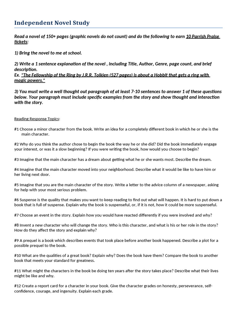 Novel Study Incentive Program | PDF | Reading Comprehension | J. R. R ...