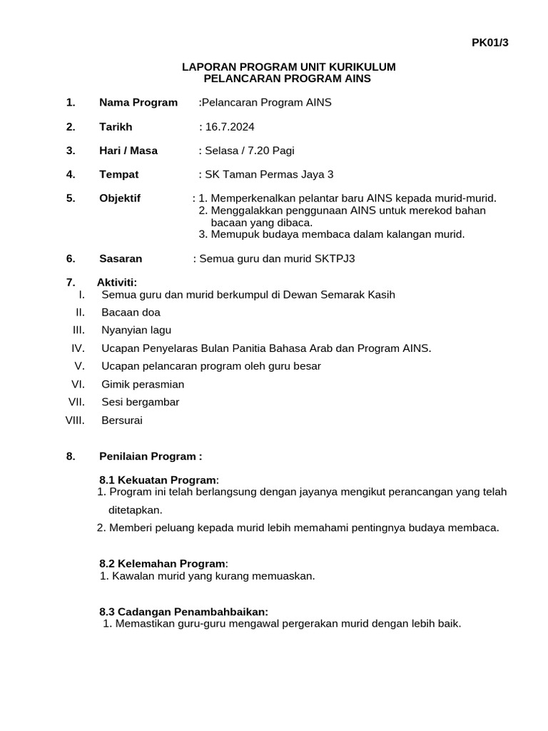 Laporan Pelancaran Program Ains 2024 | PDF