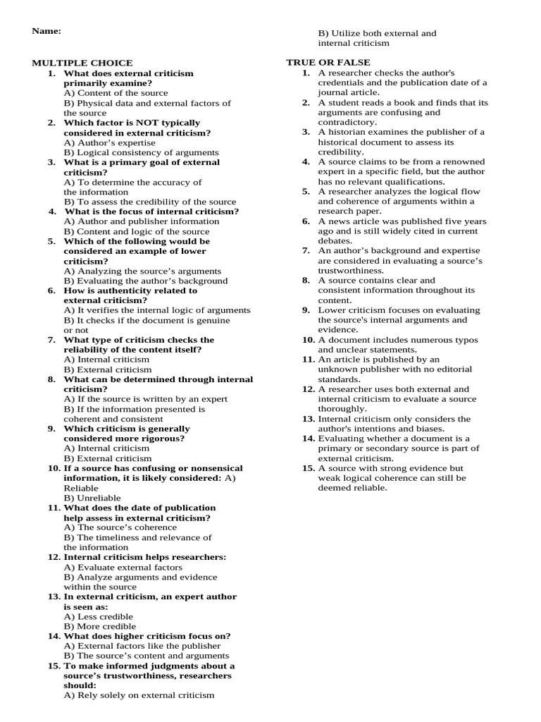 External and Internal Criticism Quiz | PDF | Argument | Credibility