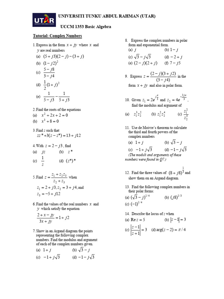 UCCM1353 T1 Complex Numbers T | PDF | Complex Number | Algebra