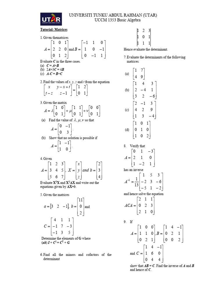 UCCM1353_T2_Matrices_Tutorial_Questions | PDF | Matrix (Mathematics) | Algebra