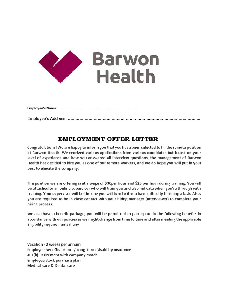 Barwon Health Offer Letter | PDF | Employment | Confidentiality