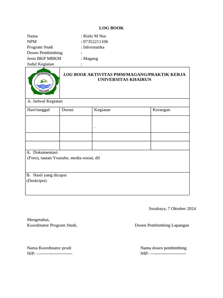 Log Book Magang Rizki M Nur | PDF | Seni | Teknologi & Rekayasa