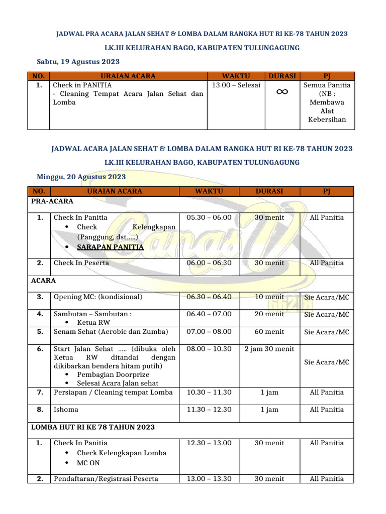 Rundown Dan Ketentuan Seluruh Jalan Sehat Dan Lomba Hut Ri 78 | PDF