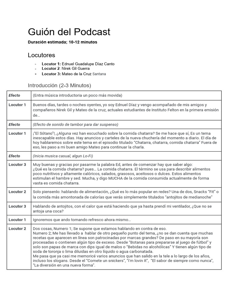 Guión Podcast Español 2A | PDF | Alimentos | Comida chatarra