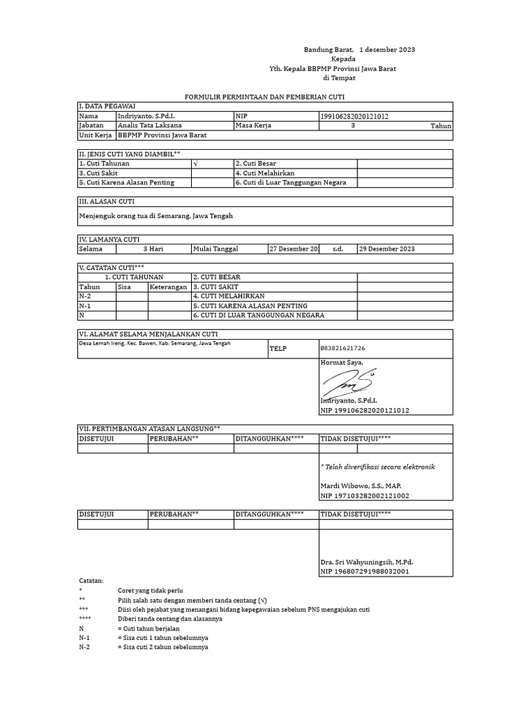 Surat Izin Cuti Tahunan Indriyanto | PDF
