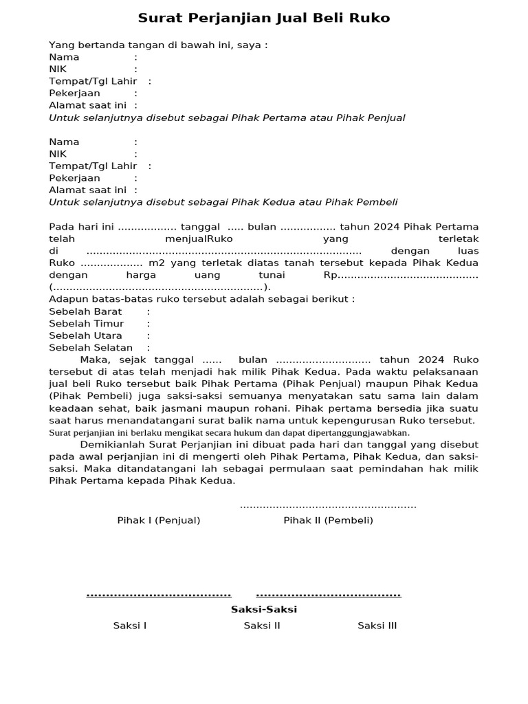 Surat Perjanjian Jual Beli Ruko | PDF | Politik | Ilmu Sosial