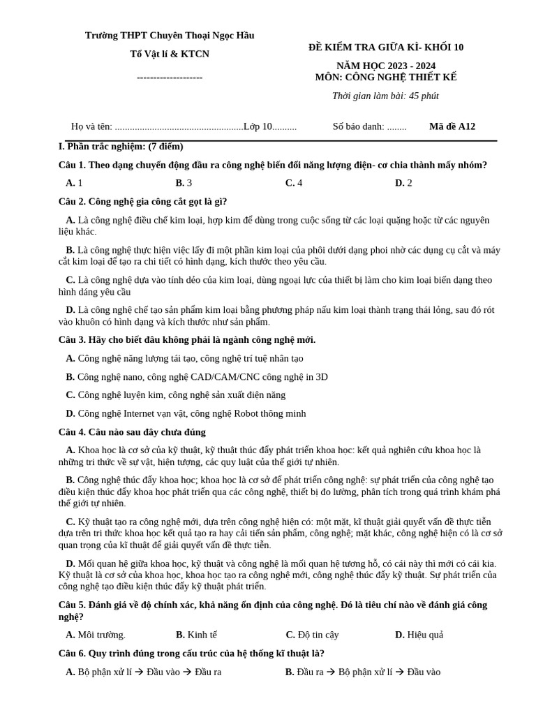 Đề KTGK-I-CN10- A12-TNH | PDF