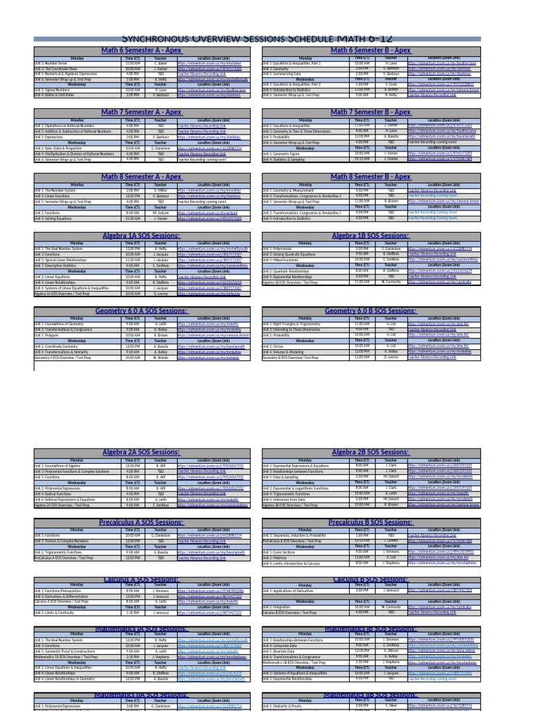 Math Class Schedule Grades 6-12 | PDF | Equations | Geometry