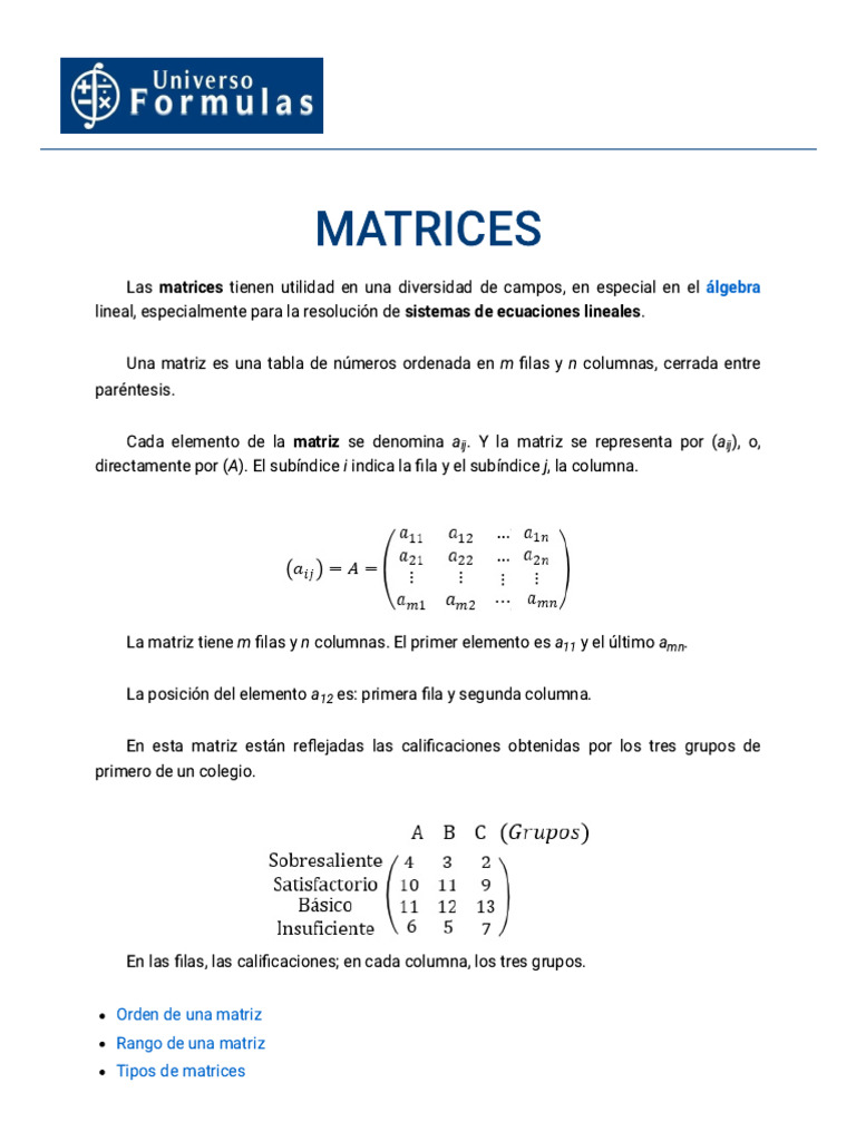 Matrices - Universo Formulas | PDF | Matriz (Matemáticas) | Determinante