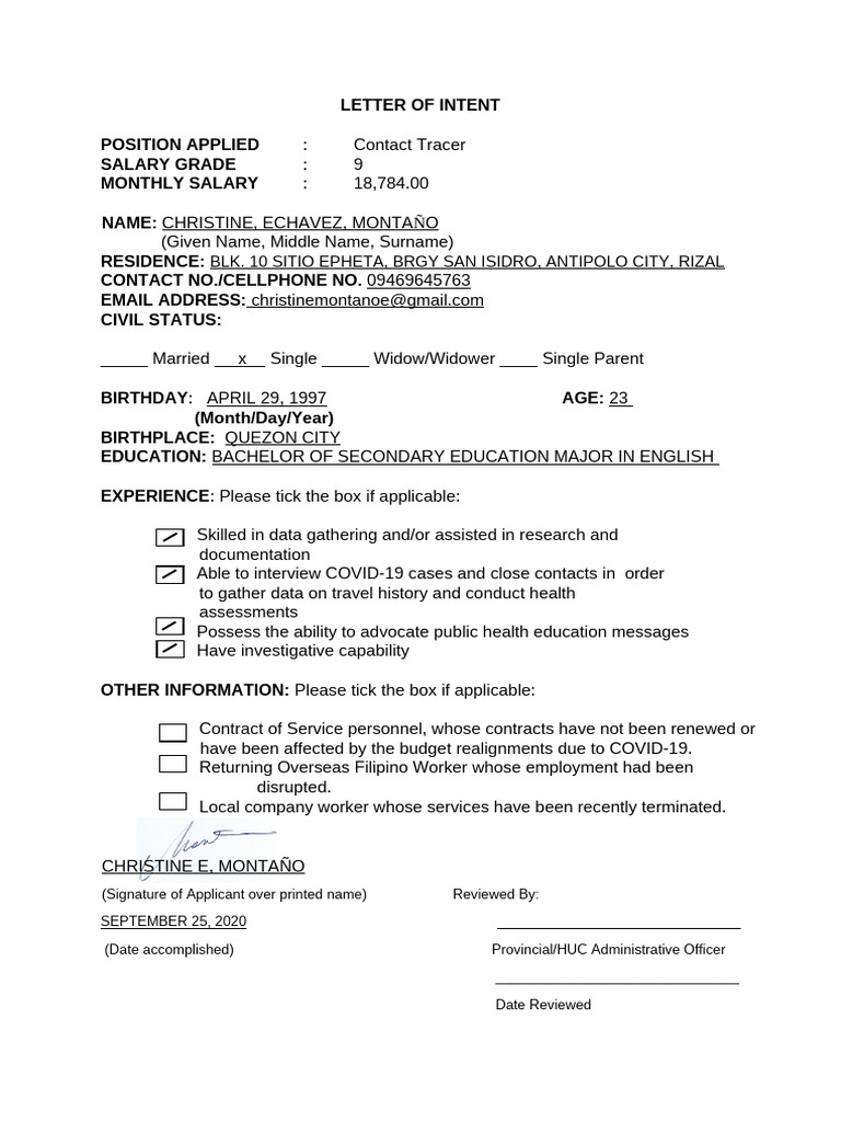 Letter of Intent for Contact Tracer Position | PDF