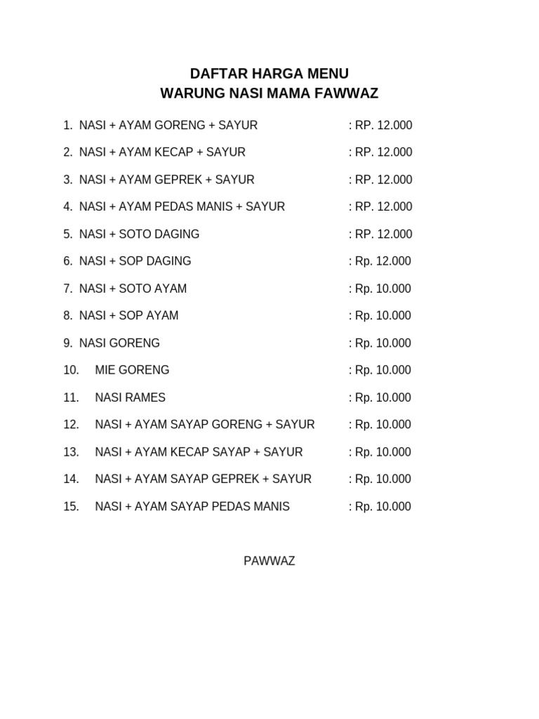 Daftar Harga Menu - Mama Fawwaz | PDF