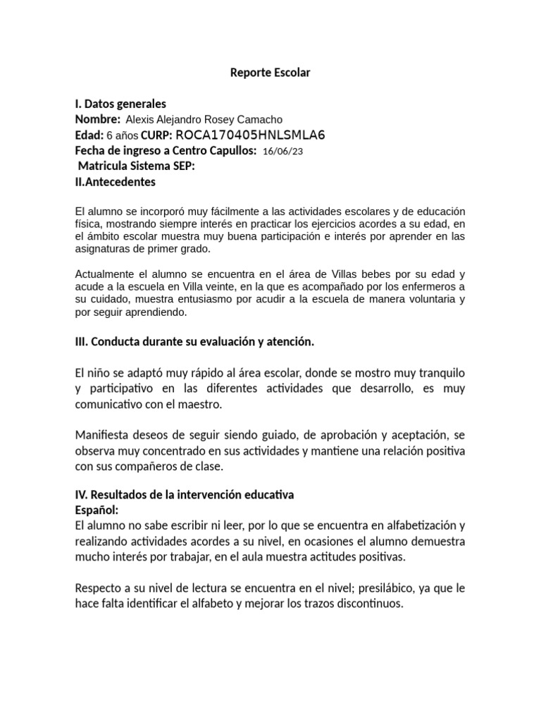 Reporte Escolar - Alexis Torres | PDF | Aprendizaje | Sustracción