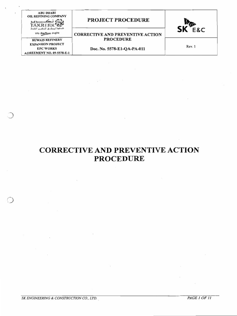5578-E1-QA-PA-011 - Corrective and Preventive Action Procedure | PDF