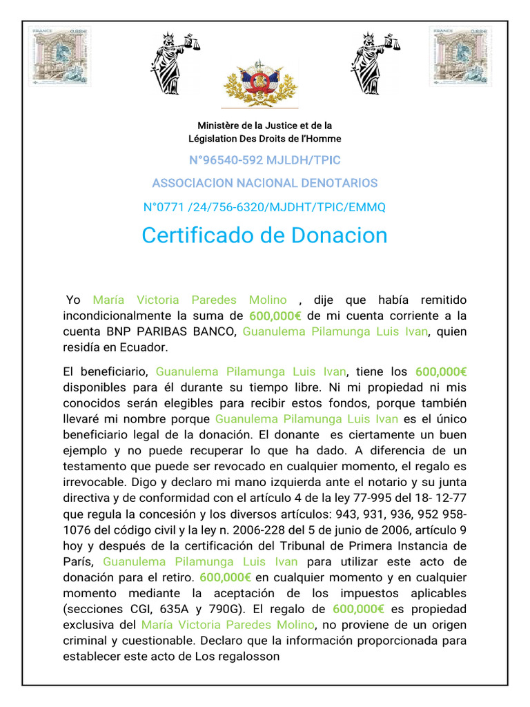 Certificado de Donación de 600,000€ | PDF | Finanzas y dinero ...