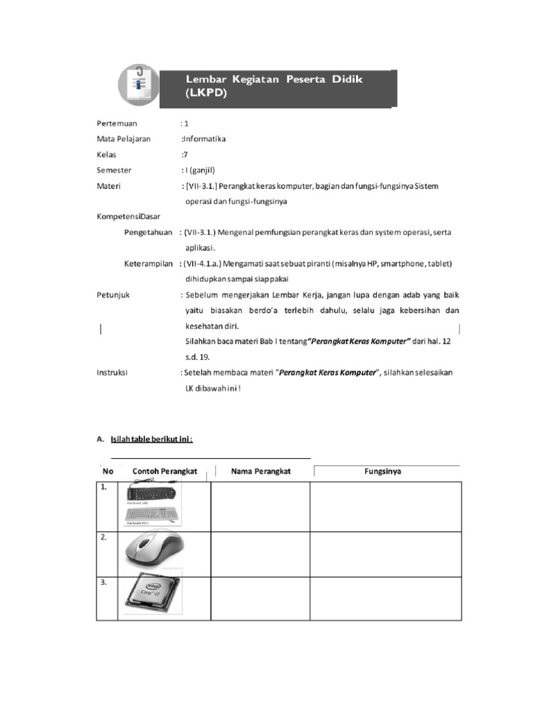 LKPD Informatika Kelas VII Semester 1 | PDF