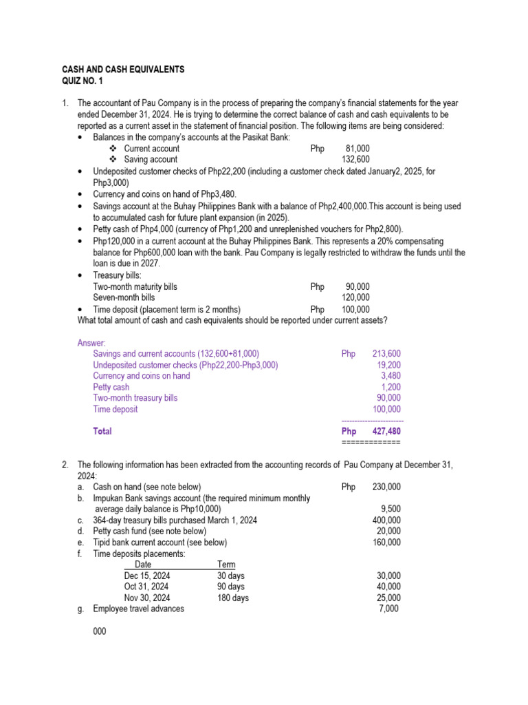 Cash and Cash Equivalents Quiz 1 | PDF | Banks | Cash