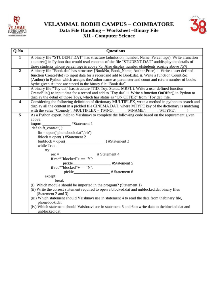 Python Binary File Handling Worksheet | PDF | Python (Programming Language) | Computing