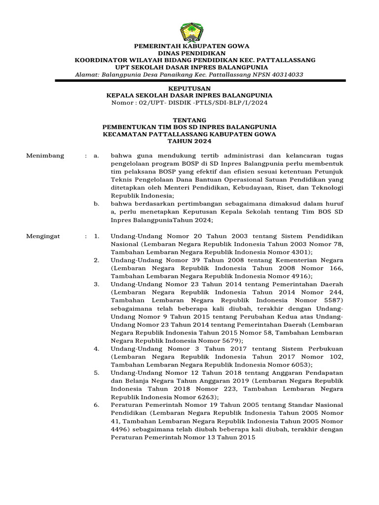 Contoh SK Tim BOS Sekolah 2024 | PDF