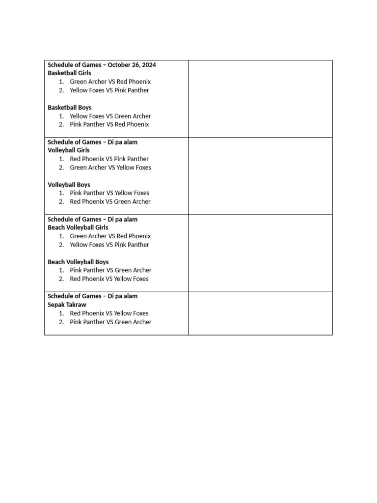 Schedule of Games Intrams 2024 | PDF | Social Science