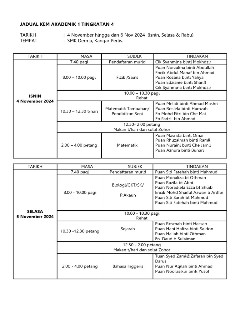 JADUAL KEM AKADEMIK 1 TINGKATAN 4 | PDF
