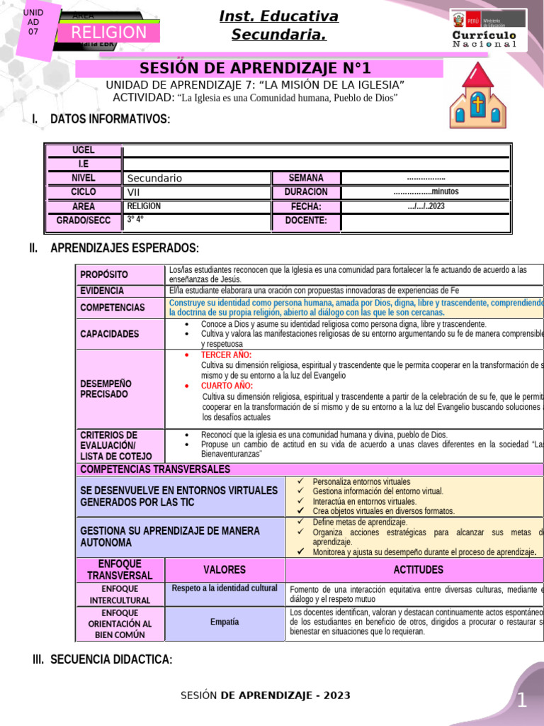 Sesion Religion 3° 4° Sec-Semana 01 Uni 7 | PDF | Maestros | Aprendizaje