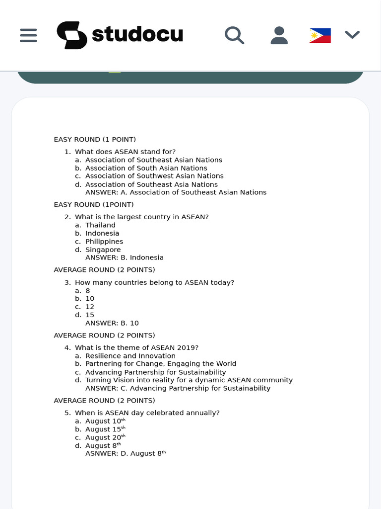 Asean QUIZ BEE Questions WITH Answers - EASY ROUND (1 POINT) What Does ...