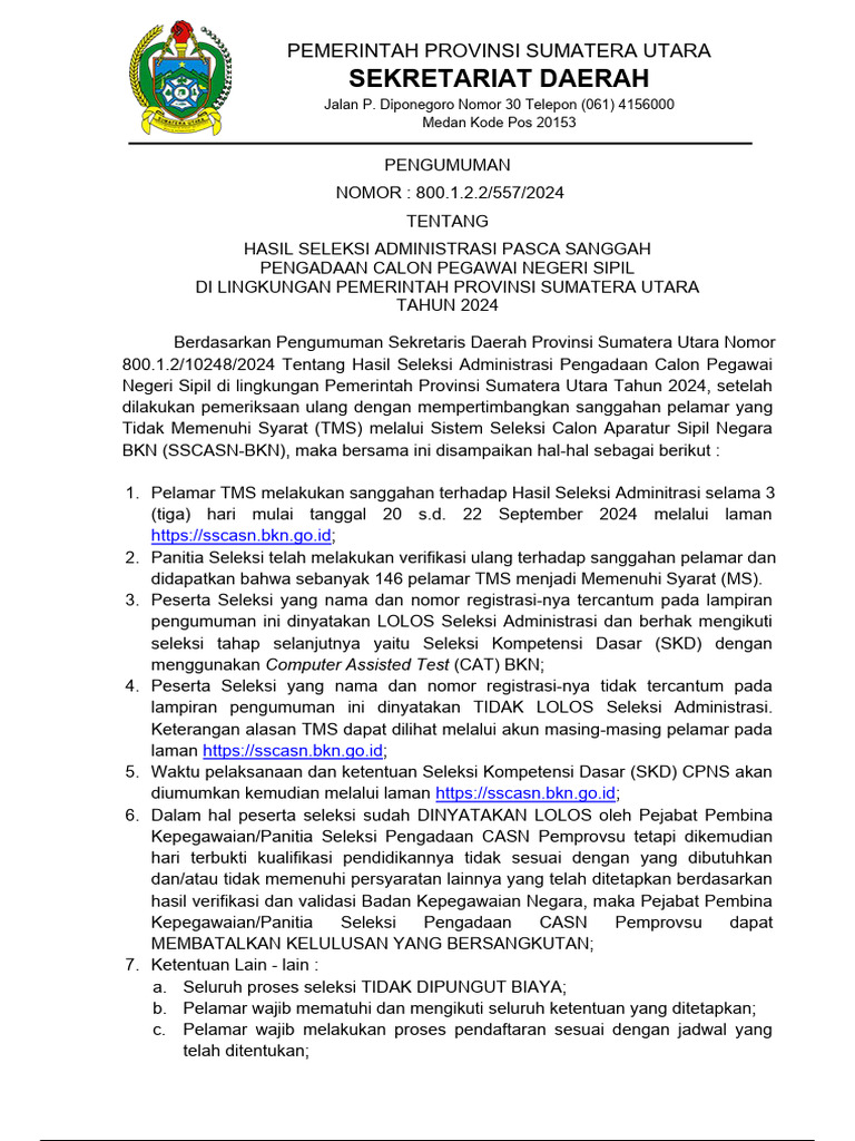 Pengumuman Hasil Seleksi Administrasi Pasca Sanggah Pengadaan CPNS Tahun 2024 | PDF
