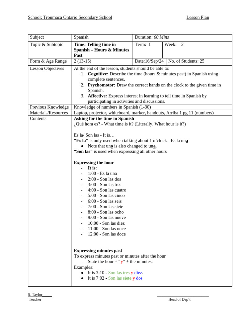Spanish Lesson Plan - Telling Time in Spanish - Hour & Minutes Past ...