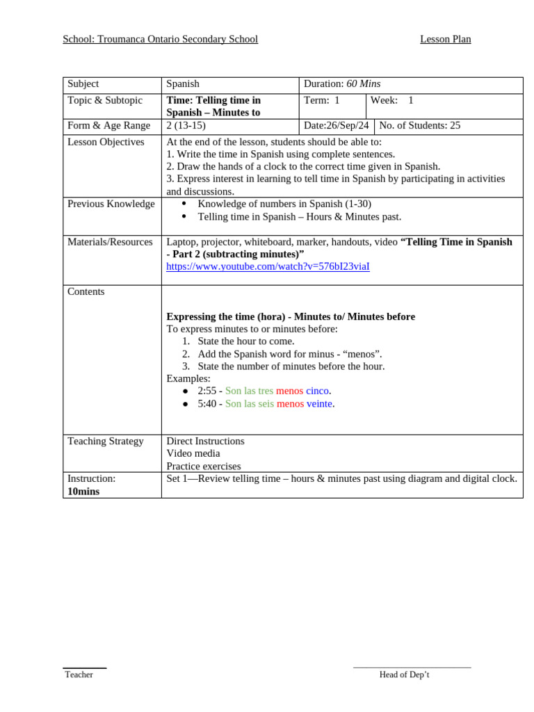 Spanish Lesson Plan - Telling Time in Spanish - Minutes To - Part 3 ...