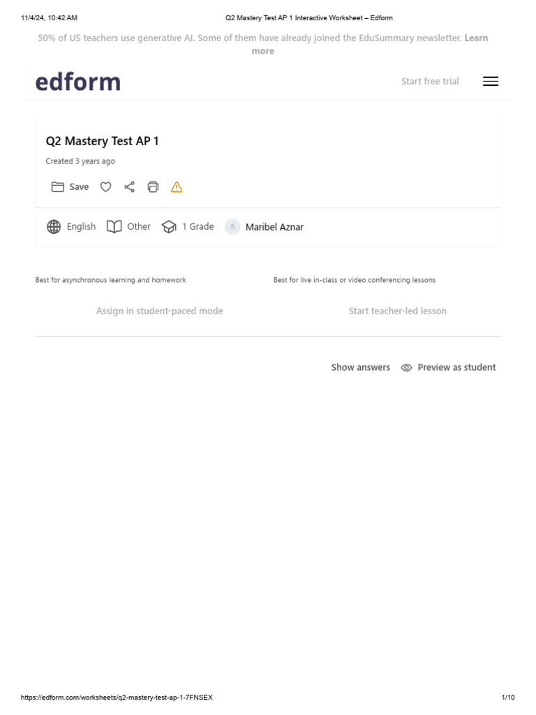 Q2 Mastery Test AP 1 Interactive Worksheet - Edform | PDF