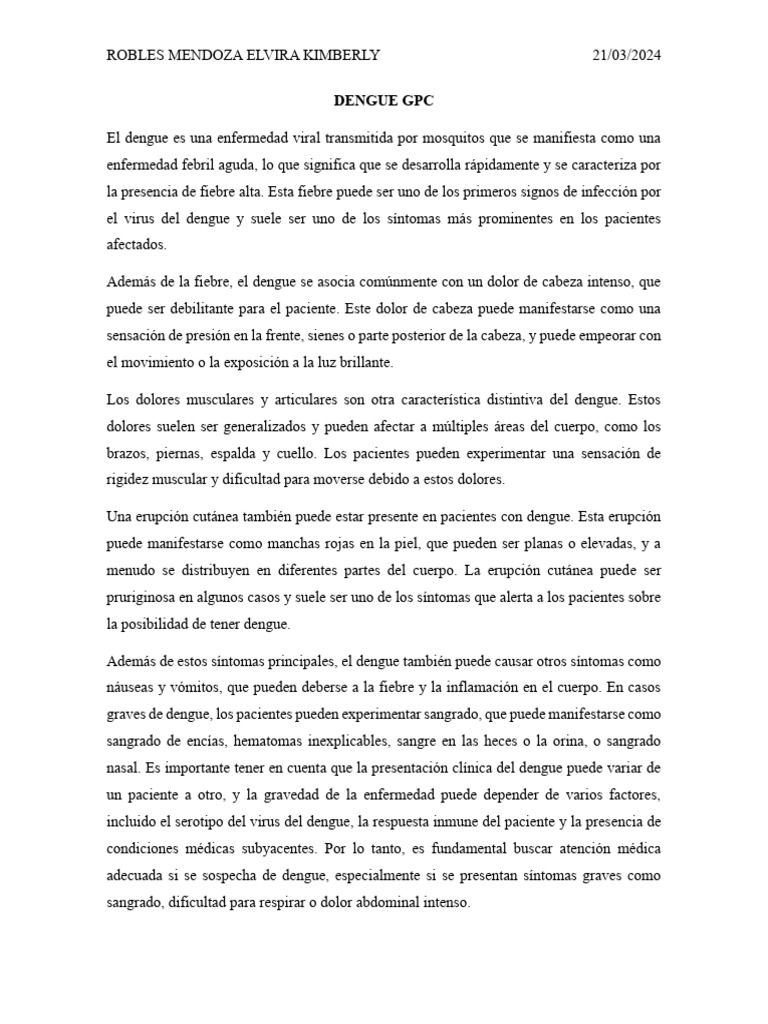 Resumen Dengue - Robles Mendoza Elvira Kimberly | PDF | Mosquito | Inmunología