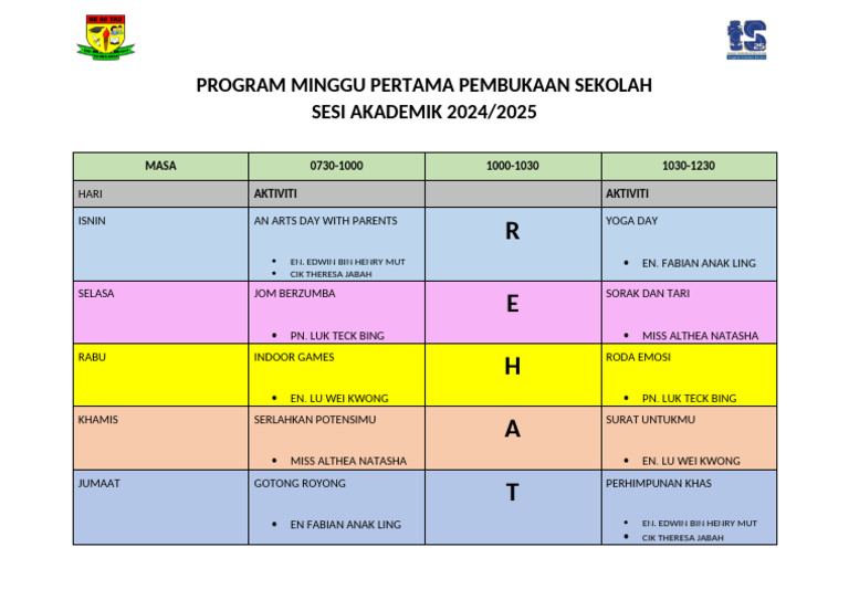 Program Minggu Pertama Pembukaan Sekolah SKST 2024 | PDF