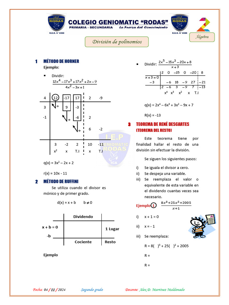 Álgebra 2do División de Polinomios | PDF | División (Matemáticas ...