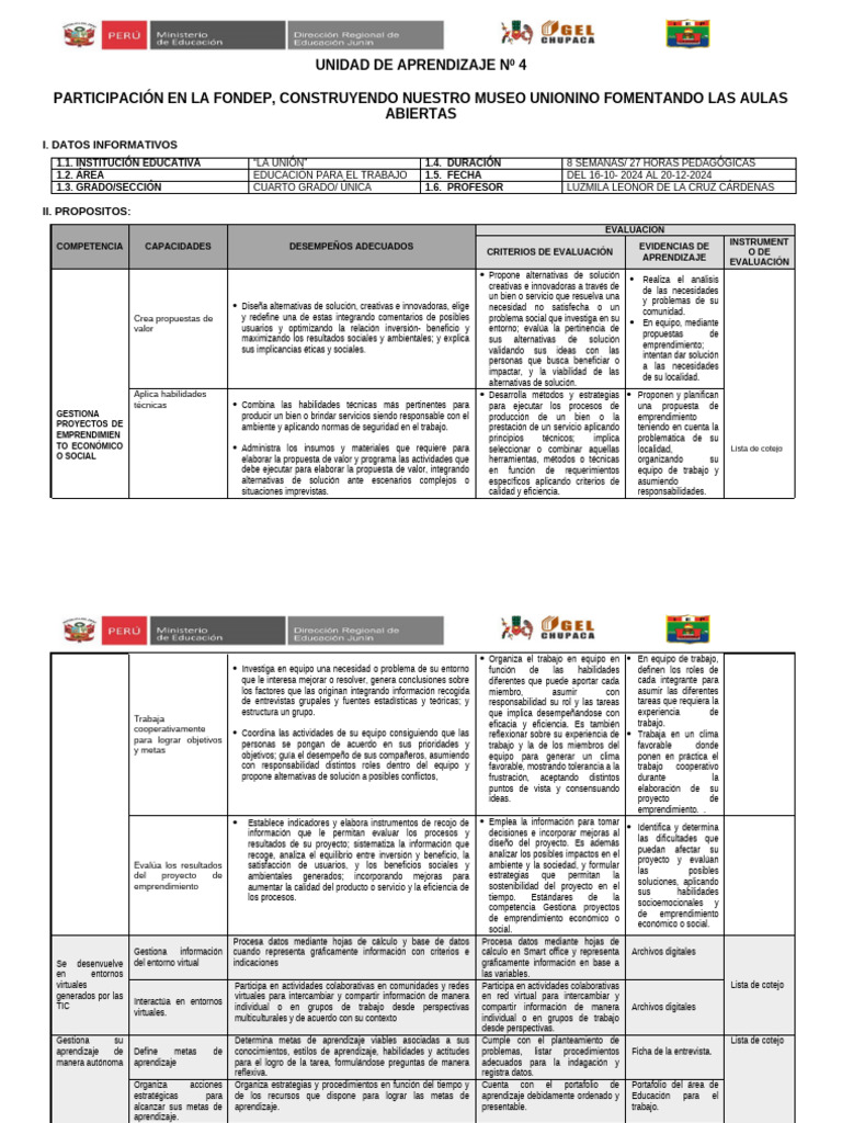 4to Grado Iii Unidad Ept | PDF | Evaluación | Iniciativa empresarial