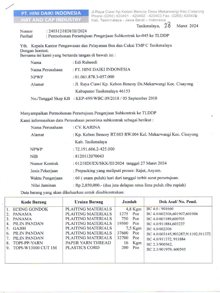 Aju Subkon Ke-45 Cv. Karina | PDF