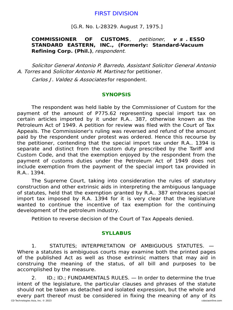 3. Commissioner v. Esso | PDF | Taxes | Tariff