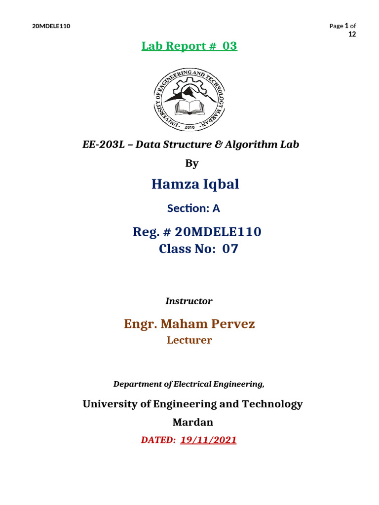 DSA Lab#03 20MDELE110 | PDF | Teaching Methods & Materials | Computers