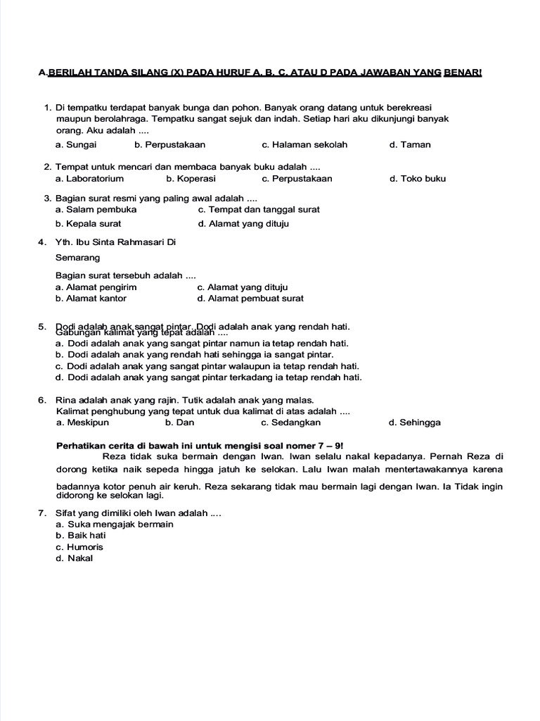 PDF Soal Uas Bahasa Indonesia Kelas 4 SD Semester 2 Dan Kunci Jawaban Compress | PDF