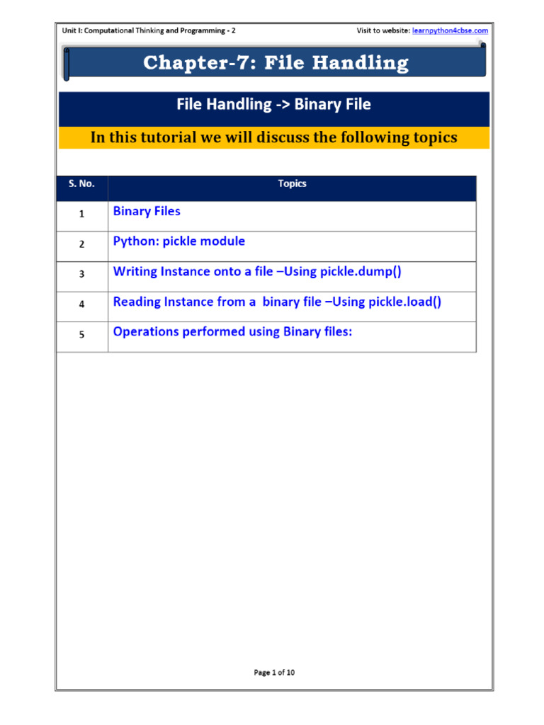 Data File Handling - Working With Binary Files | PDF