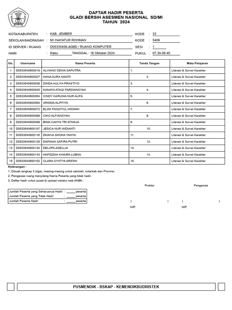 Absen H1 Rabu Anbk 2024 | PDF