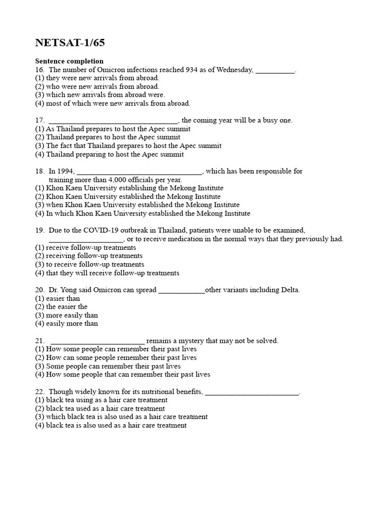NETSAT 1-65 Sentence Comp | PDF | Diseases And Disorders | Pandemic