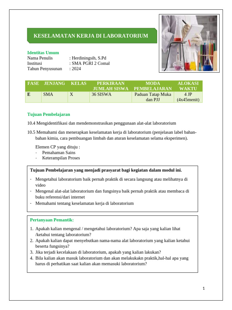 Modul Ajar Keselamatan Kerja Di Lab | PDF | Karier & Perkembangan | Sains & Matematika