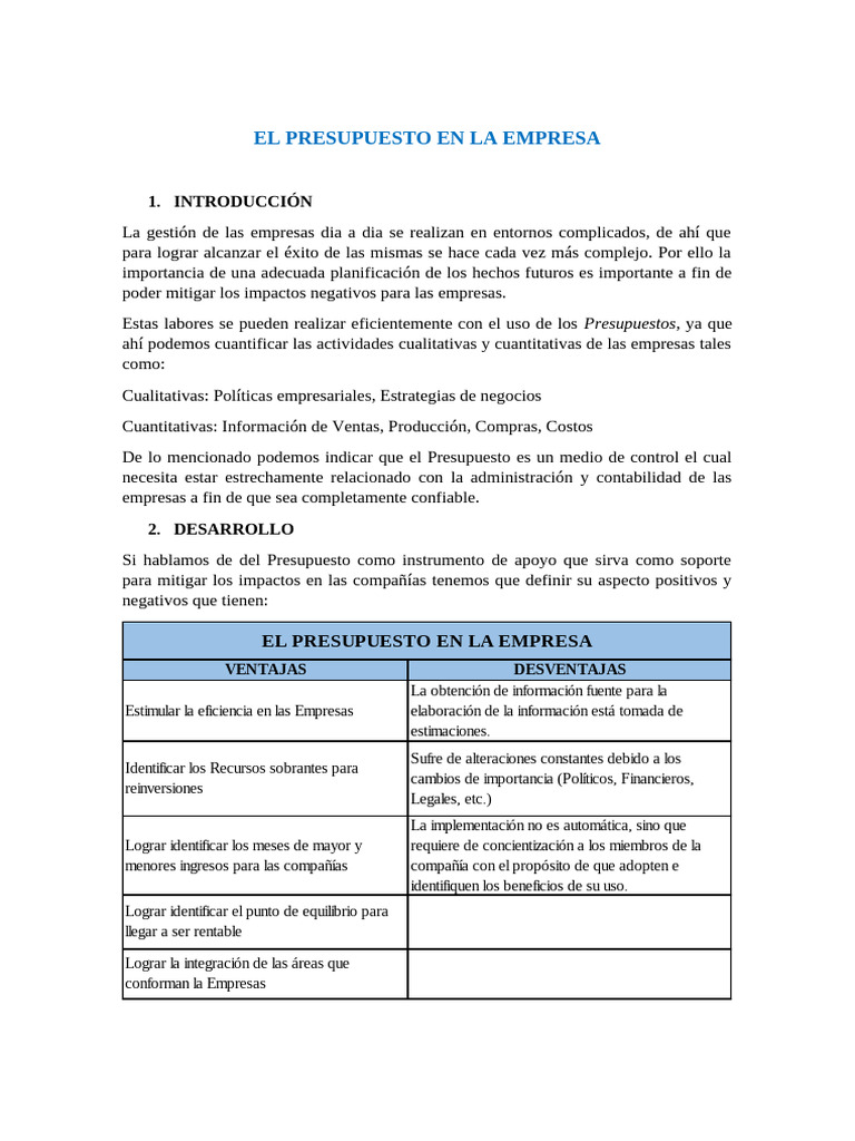 TAREA N° 4 - EL PRESUPUESTO EN LA EMPRESA | PDF | Presupuesto | Business
