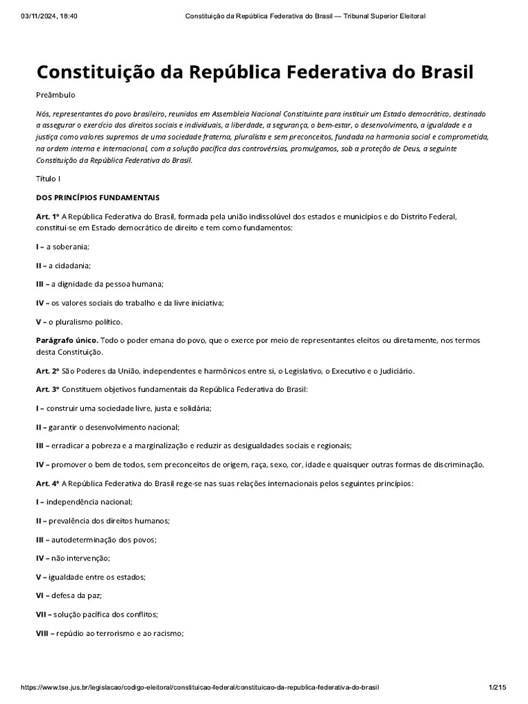 Constituição Da República Federativa Do Brasil 1988 | PDF