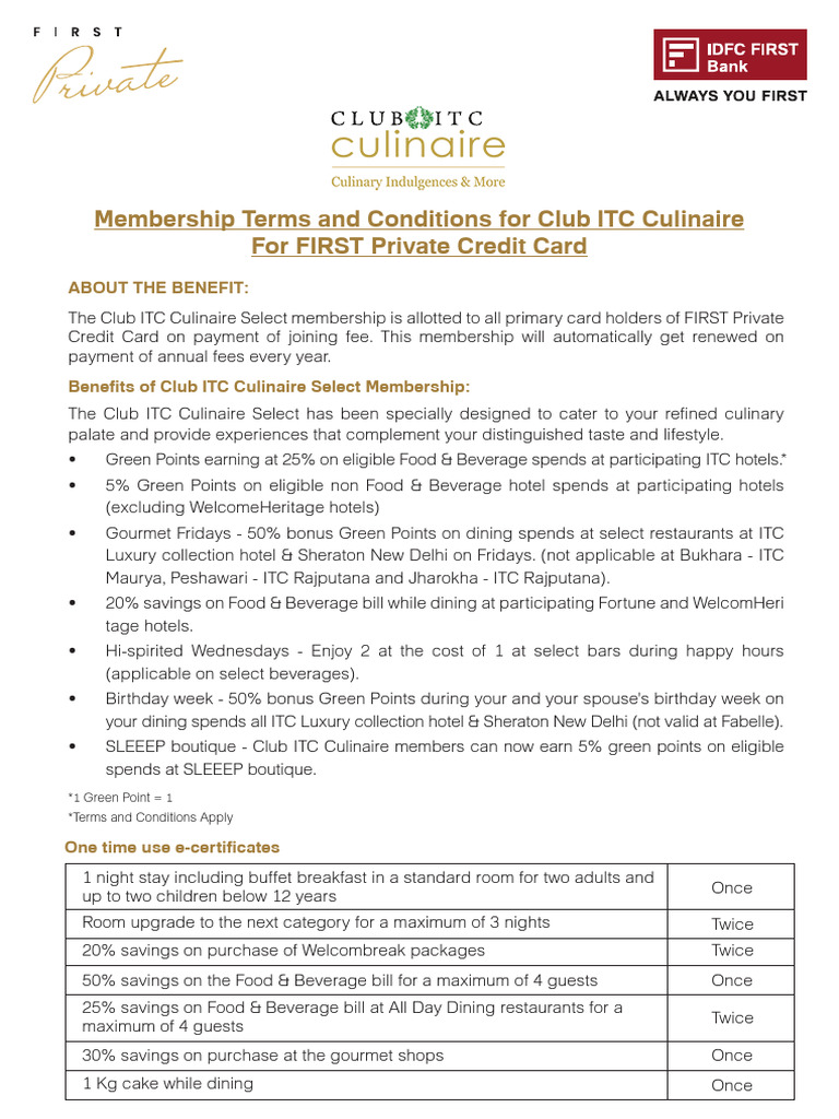 Club ITC Culinaire Membership TNC FIRST Private Credit Card | PDF ...