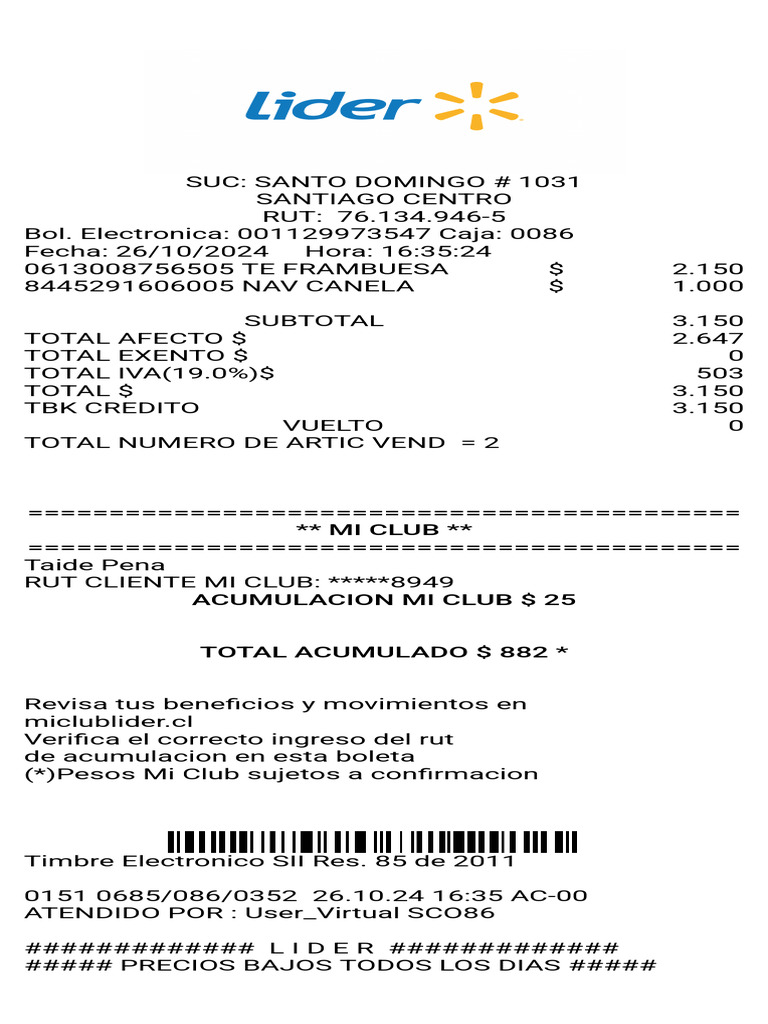 Boleta de Compra en Líder - 26/10/2024 | PDF