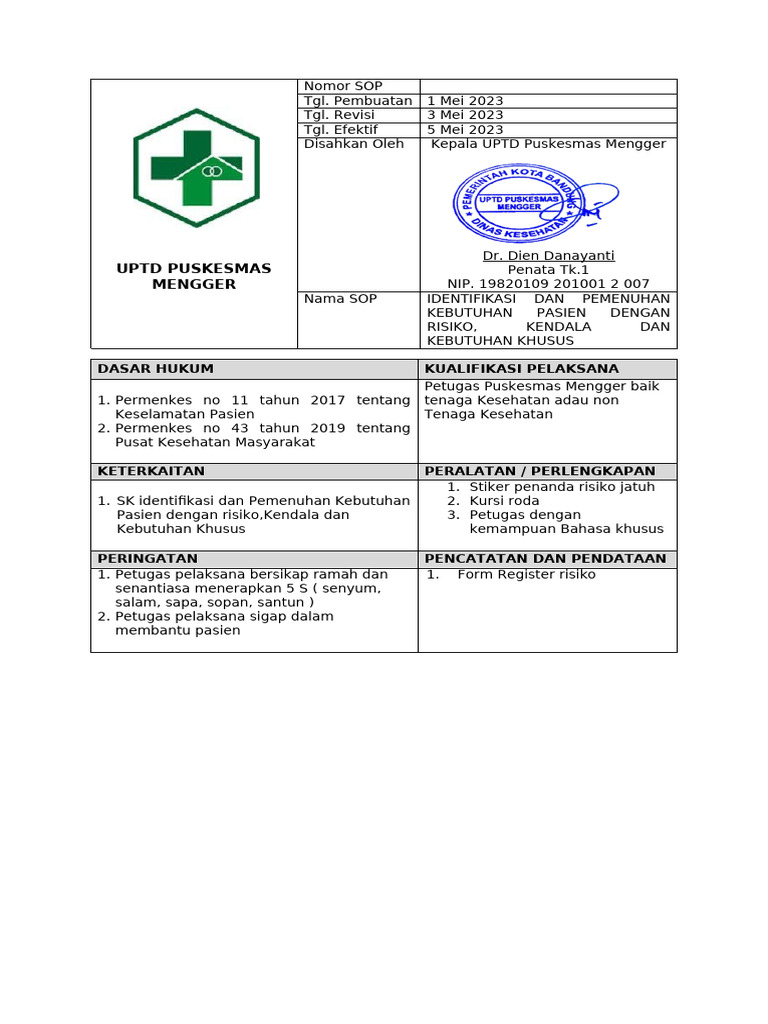 SOP Identifikasi Dan Pemenuhan Kebutuhan Pasien Dengan Risiko, Kendala Dan Kebutuhan Khusus ...