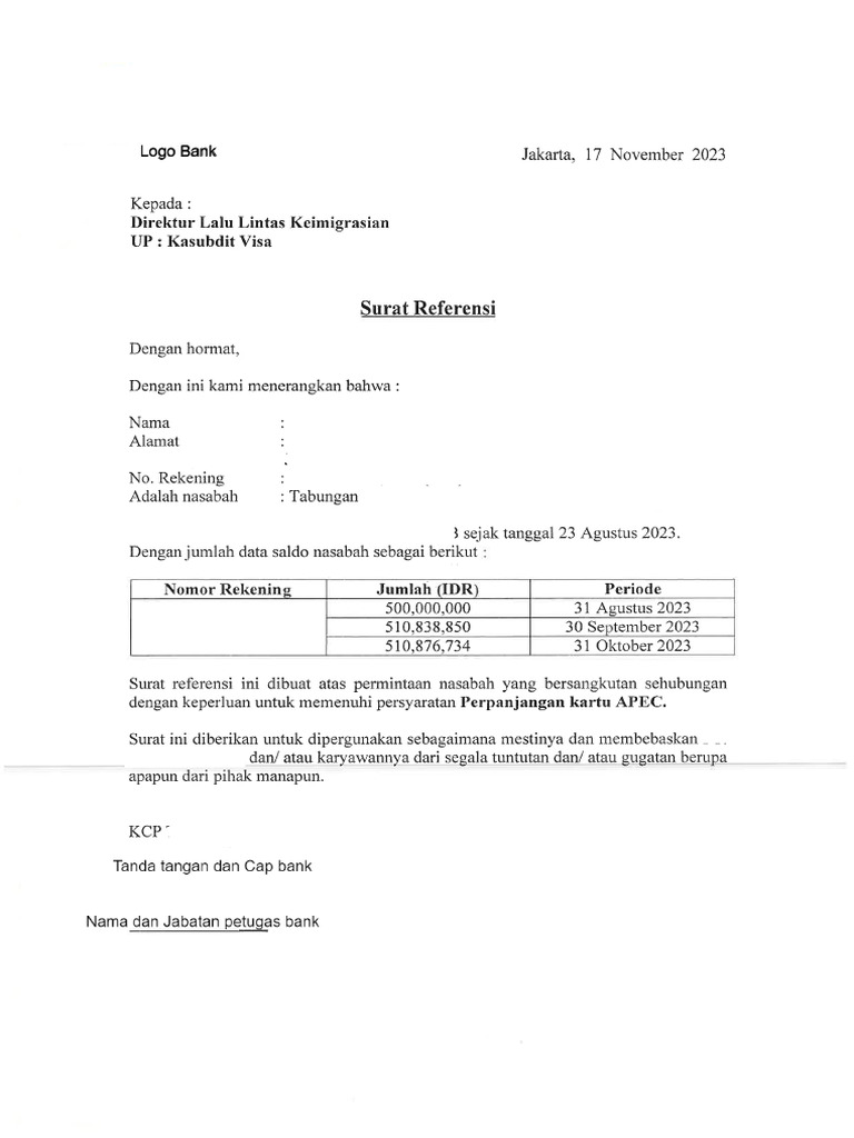 Contoh Surat Referensi Bank 3 Bulan Terakhir | PDF