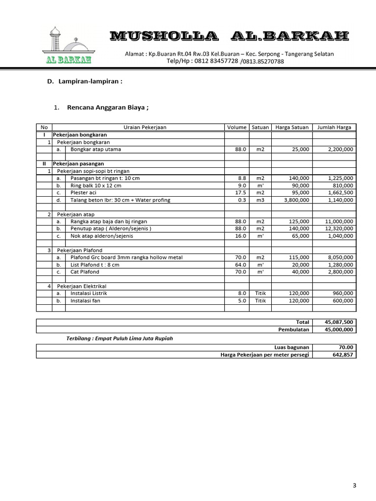 Rab Pek Atap Musholla | PDF
